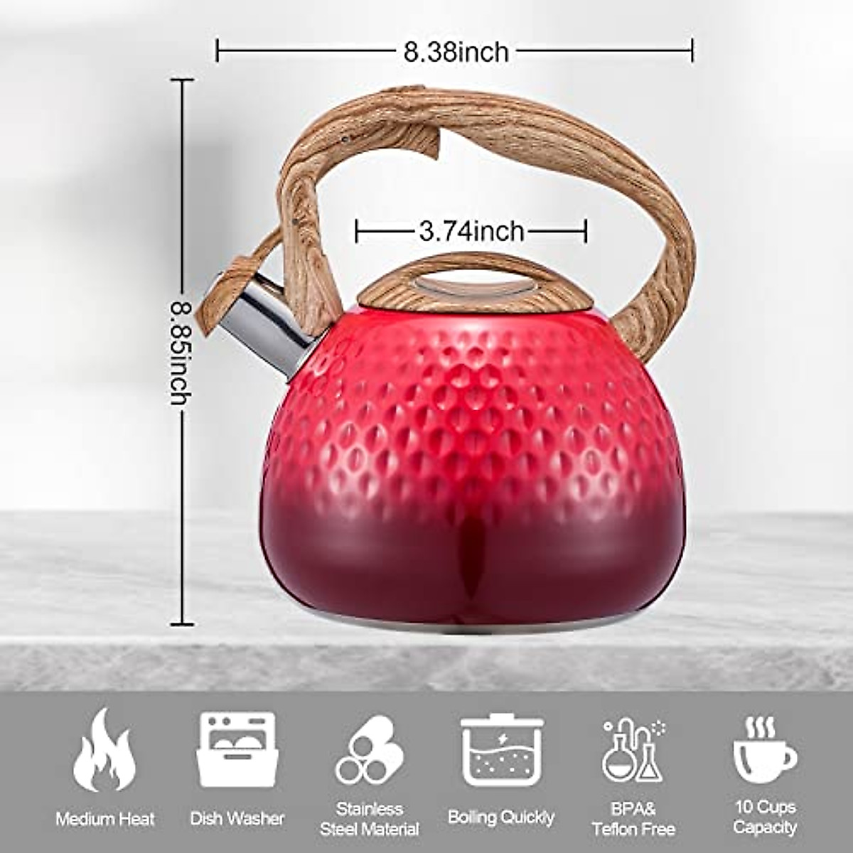 Tea Kettle, Stovetop Teapot, 2.7 Quart, Loud Whistle, Food Grade Stainless Steel and Smooth Wood Pattern Handle, Sophisticated Look for Hiking, Picnic, for Tea, Coffee, Milk (Red)