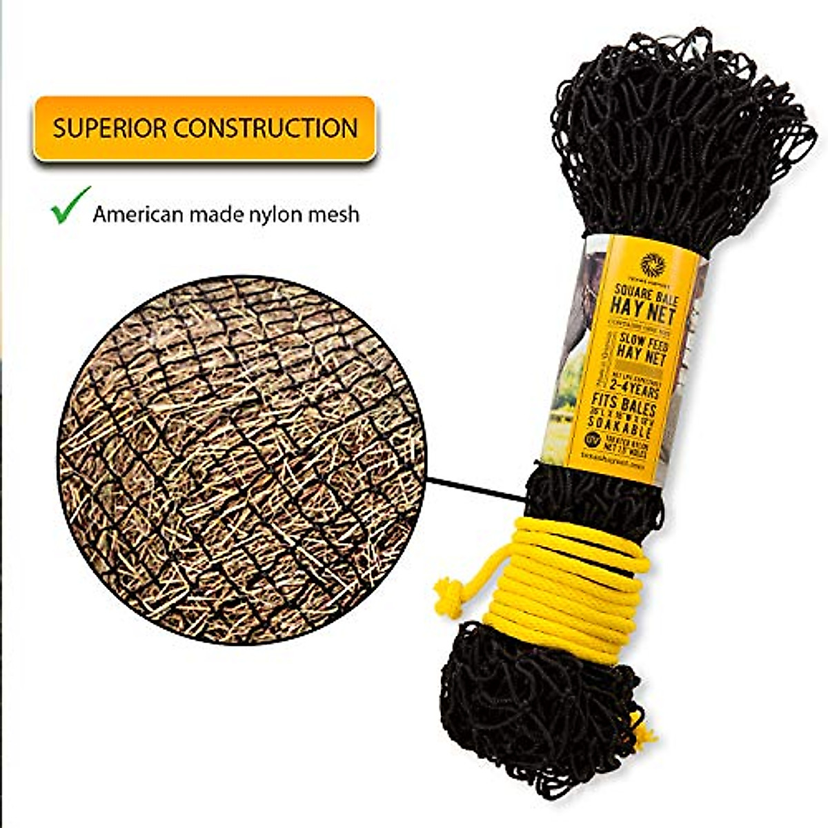 Texas Haynet - Square Net Hay Holder for Horses - Durable Nylon Square Bale Hay Net Slow Feed - American Made Hay Rope Net - Easily Fits Bales 36x18x18” with 1.5” Holes