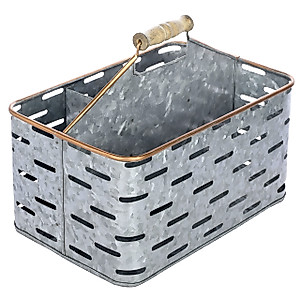 MyGift Galvanized Metal Kitchen Utensil Holder Caddy with 2 Compartments, Copper Tone Edges and Rustic Wood Handle - Handcrafted in India