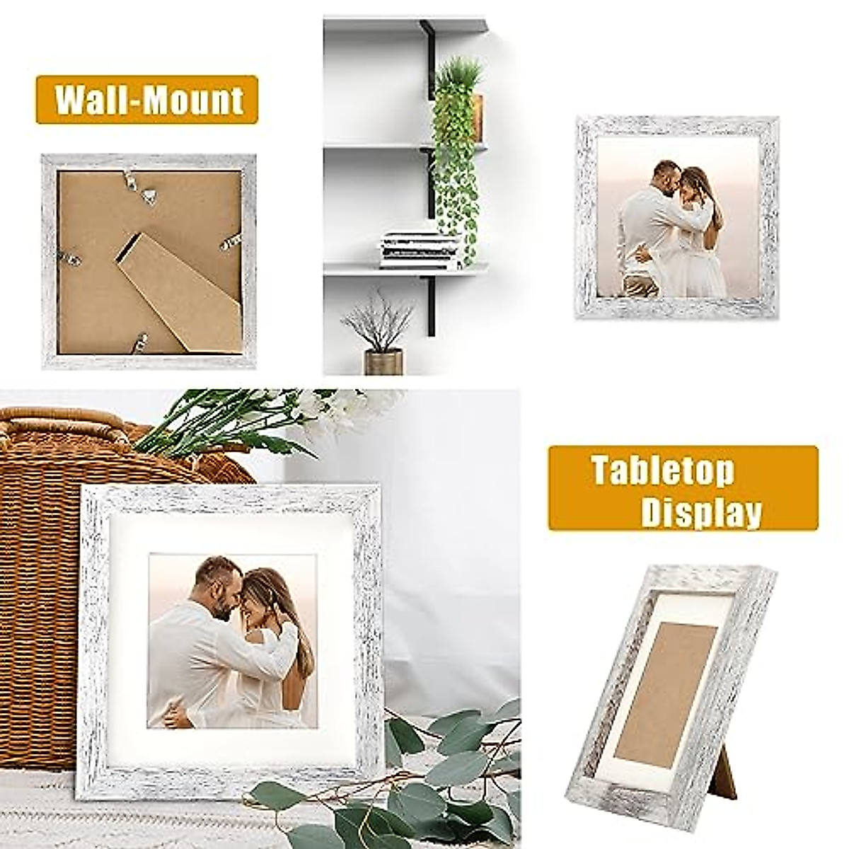 AVEAX 6x6 Picture Frame Display Pictures 4x4 with Mat or 6x6 Without Mat, Set of 4 Square Photo Frame for Wall or Tabletop White