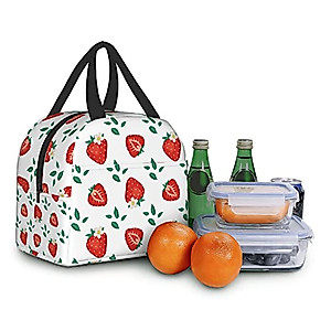Ucsaxue Cute Strawberry Leaves and Flowers Lunch Bag Small Insulated Lunch Box with Front Pocket Aesthetic Lunch Bags for Girls Boys Freezable Bento Box Women Men Lunch Boxes