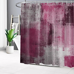 LB Pink and Grey Shower Curtain Sets with Rugs Country Retro Abstract Texture Geometric Pattern Fabric Shower Curtain with Hooks Modern Watercolor Bathroom Curtains Shower Set, 70x70 inches