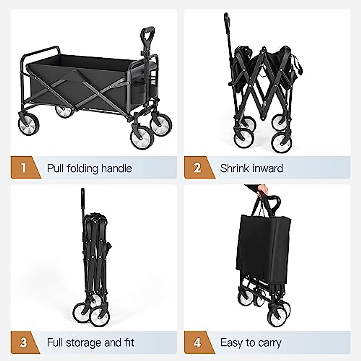 Collapsible Folding Utility Wagon,Beach Wagon Cart with All Terrain Wheels & Drink Holders,Portable Sports Wagon for Camping, Shopping, Garden and Beach, Grass, Sand,Fishing