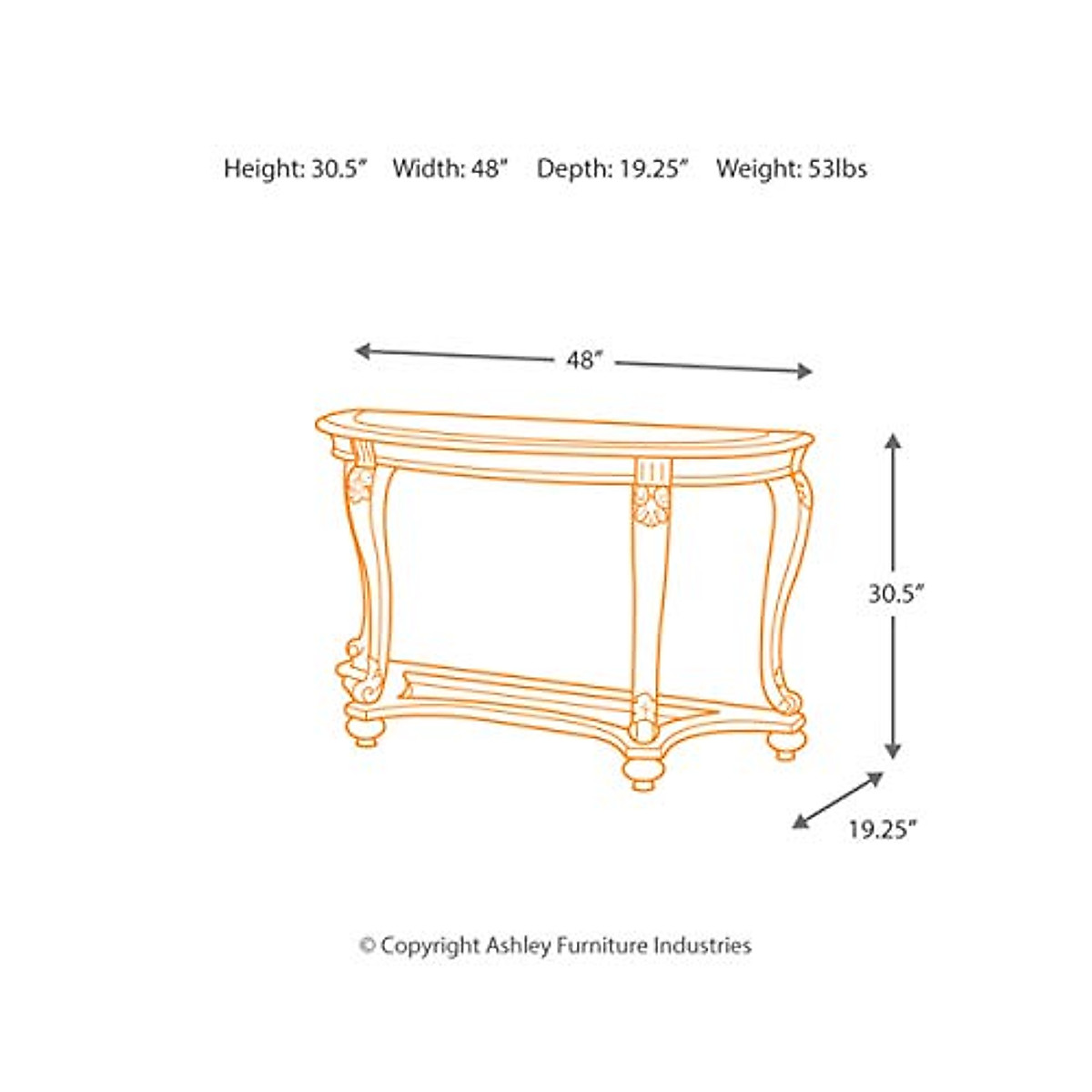 Signature Design by Ashley Norcastle Traditional Half Moon Sofa Table with Beveled Glass Top and Scrollwork Legs, Dark Brown