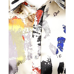 ZEROYAA Men's Hipster Splash Ink Design Silk Like Satin Button Down Dress Shirt for Party Prom ZLCL12-Beige X-Large