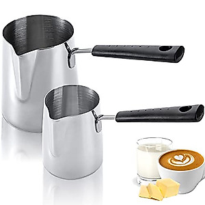 Dicunoy Set of 2 Milk Butter Warmer Pot, 12oz/22oz Turkish Coffee Pot, Stovetop Chocolate Melting Pan, Cezve Ibrik Briki Greek Arabic Coffee Maker for Maple Syrup, Sauce Heating, 18/8 Stainless Steel