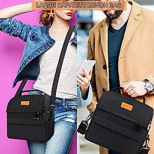 Dual Compartment Lunch Bag for Women Men, Reusable Insulated Lunch Bags Leakproof Large Lunch Box Cooler Tote Bag with Adjustable Shoulder Strap for Office Work School Picnic Hiking Beach Party, Black