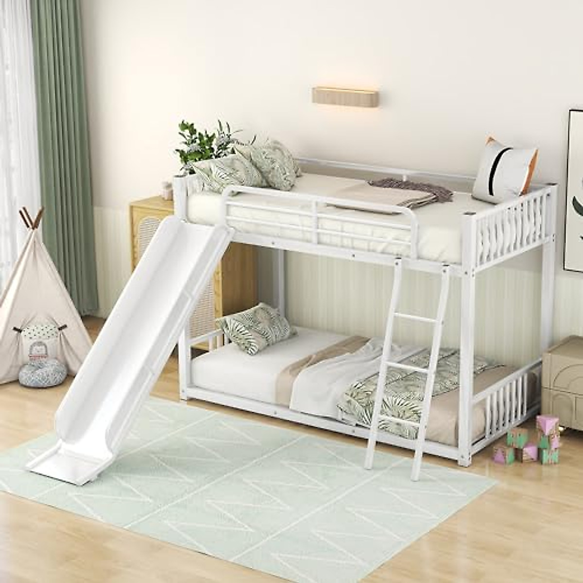 BOVZA Twin Over Twin Low Bunk Bed with Slide, Metal Bunk Bed Frame with Metal Slats Support and Guardrails for Kids Boys Girls Teens, No Box Spring Needed, White