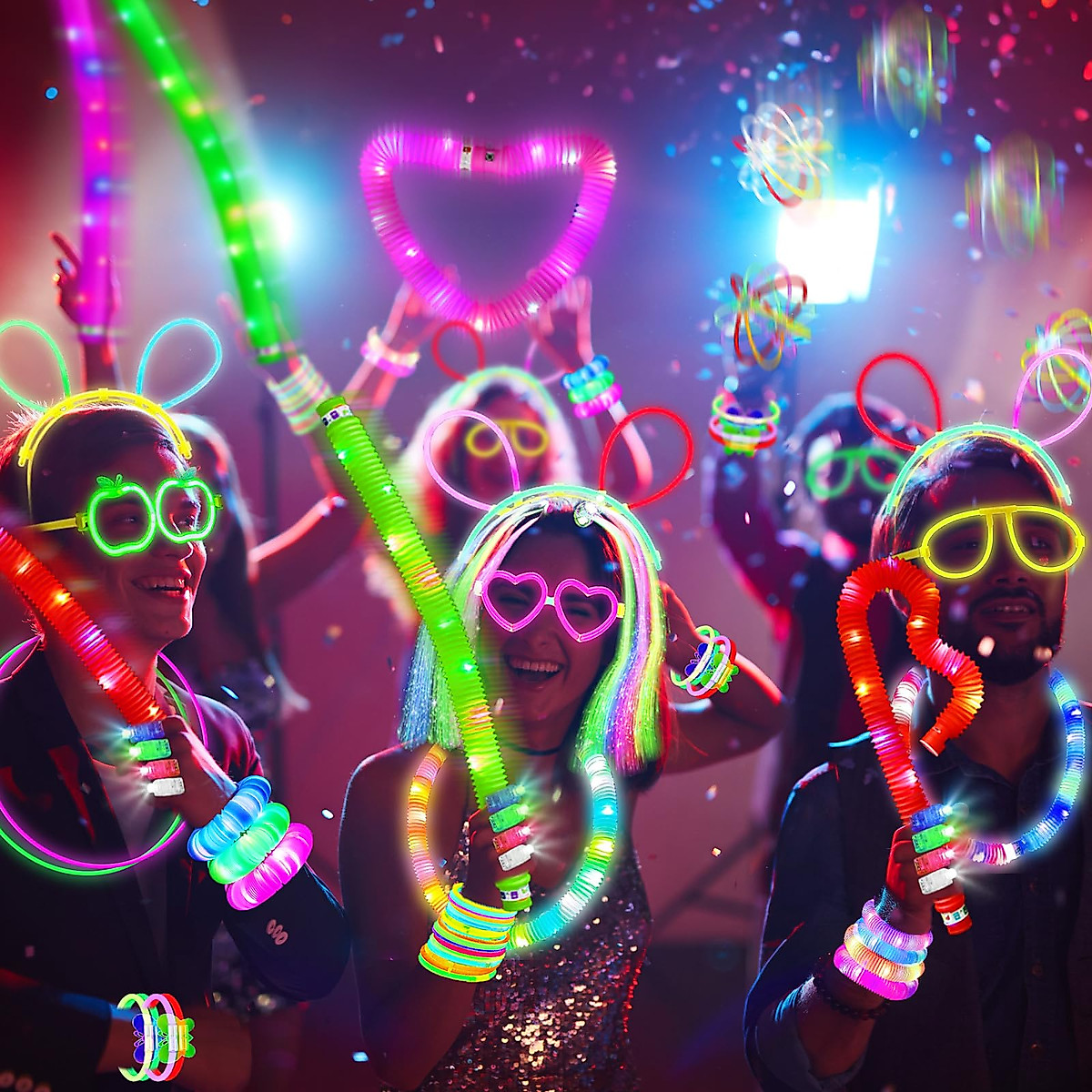 SHQDD New Year Party Favors for Adults Kids, Glow Party Favors, Neon Light Up Party Favors 27 Rave Accessories, 56 LED Light Up Toys, 100 Glow Sticks Bulk Party Pack,Glow in the Dark Party Supplies