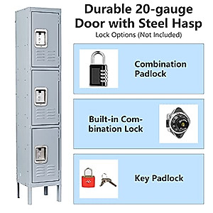 MIIIKO Employee Lockers, Metal Cabinet 3 Doors, Gym Locker with Hooks, 3 Tier Shelves Storage Locker Organizer for School Kids, Home Office Bedroom