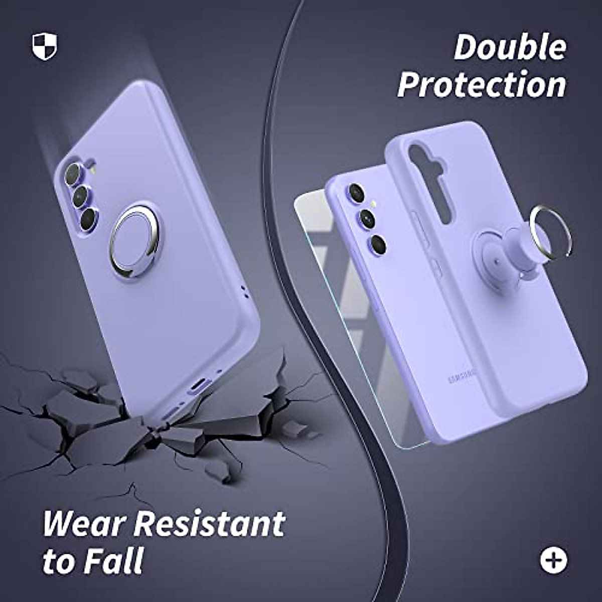 TUNKARMOR for Samsung Galaxy A14 5G Case: with 2 Pack Tempered Screen Protector & Built in 360° Adjustable Ring Kickstand Shockproof Protection Soft TPU Silicone Phone Cover (Purple)
