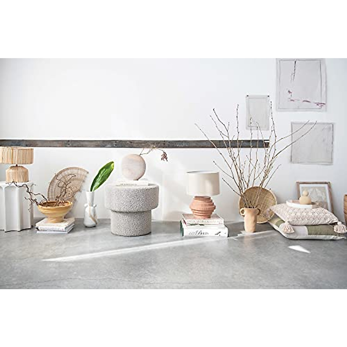 Bloomingville Round Bouclé Fabric Upholstered Pouf, Grey