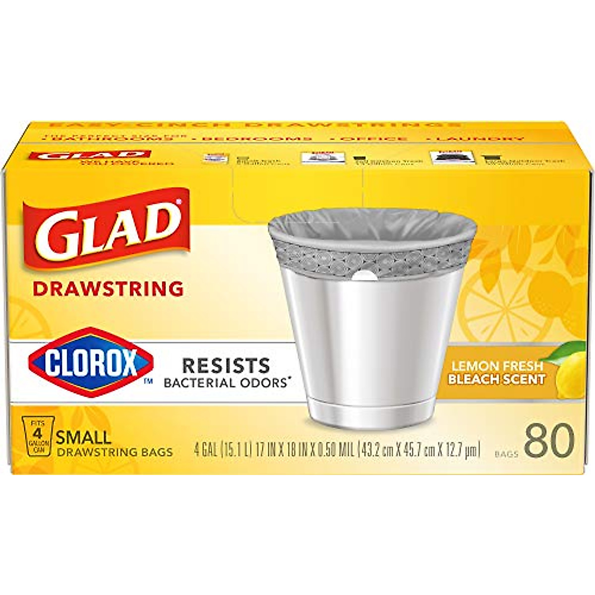 GLAD Small Kitchen Trash Bags, - 4 Gallon Trash Bag for Kitchen, Lemon Fresh Bleach Scent, Odor Eliminator, Leak Protection, 80 Count