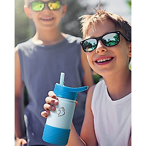 14oz Kids Water Bottle for School Toddler Thermo Water Cups with Straw Lid & Silicone Boot, BUZIO Stainless Steel BPA-Free Insulated Water Tumbler Travel Bottles, Metal Mug with Stickers- Blue