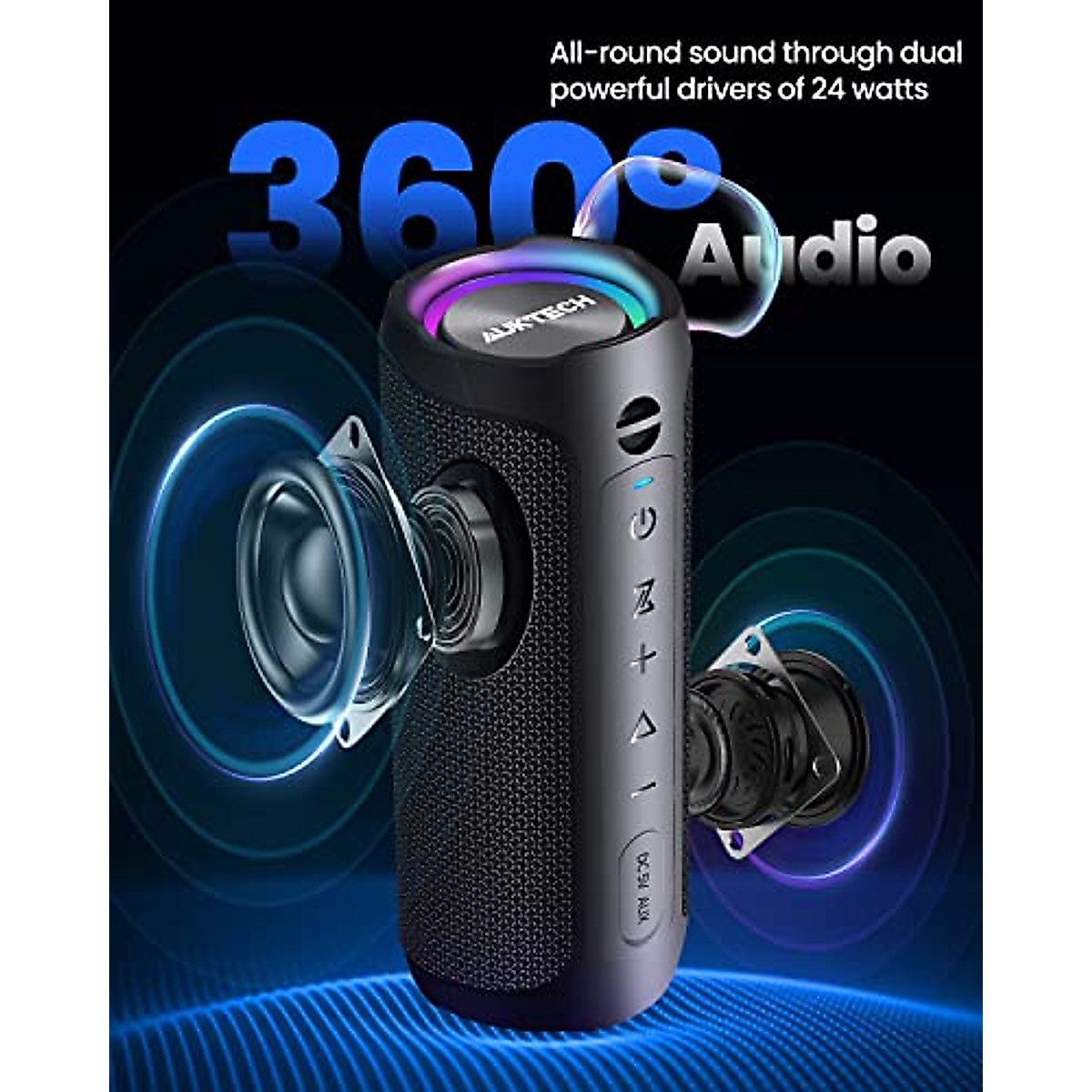 AUKTECH Bluetooth Speakers - Portable Speakers Bluetooth Wireless(100ft), 24W Loud Stereo Sound, Led Lights, 20H Playtime, IPX7 Waterproof Speaker for Outdoor, Home, Party, Beach, Shower