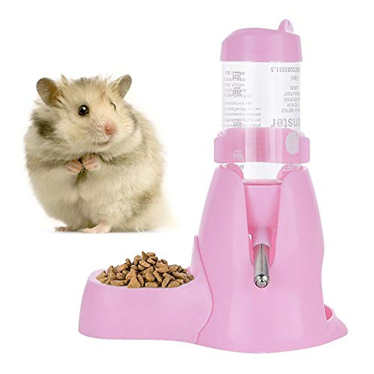 Guardians Hamster Water Bottle,Little Pet Automatic Drinking Bottle with Food Container Base Hut Hanging Water Feeding Bottles Auto Dispenser for Small Animals(80ml,Pink)