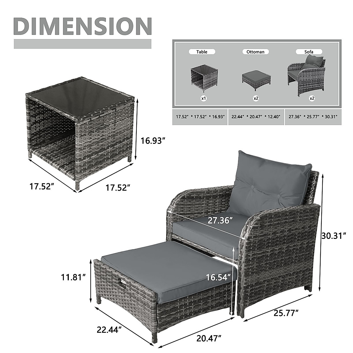 Auzfy Patio Chair with Ottomans and Table, 5 Piece PE Wicker Rattan Outdoor Patio Furniture Set, Space Saving Design Outdoor Chairs with Ottomans Set for Balcony Poolside Front Porch Deck, Grey