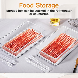 Gandeer 4 Pack Bacon Container for Refrigerator with 2 Acrylic Food Servings Tongs and Drain Plates for Fridge Bacon Holder Deli Meat Cheese Keeper Safe Long Kitchen Food Storage Containers with Lids