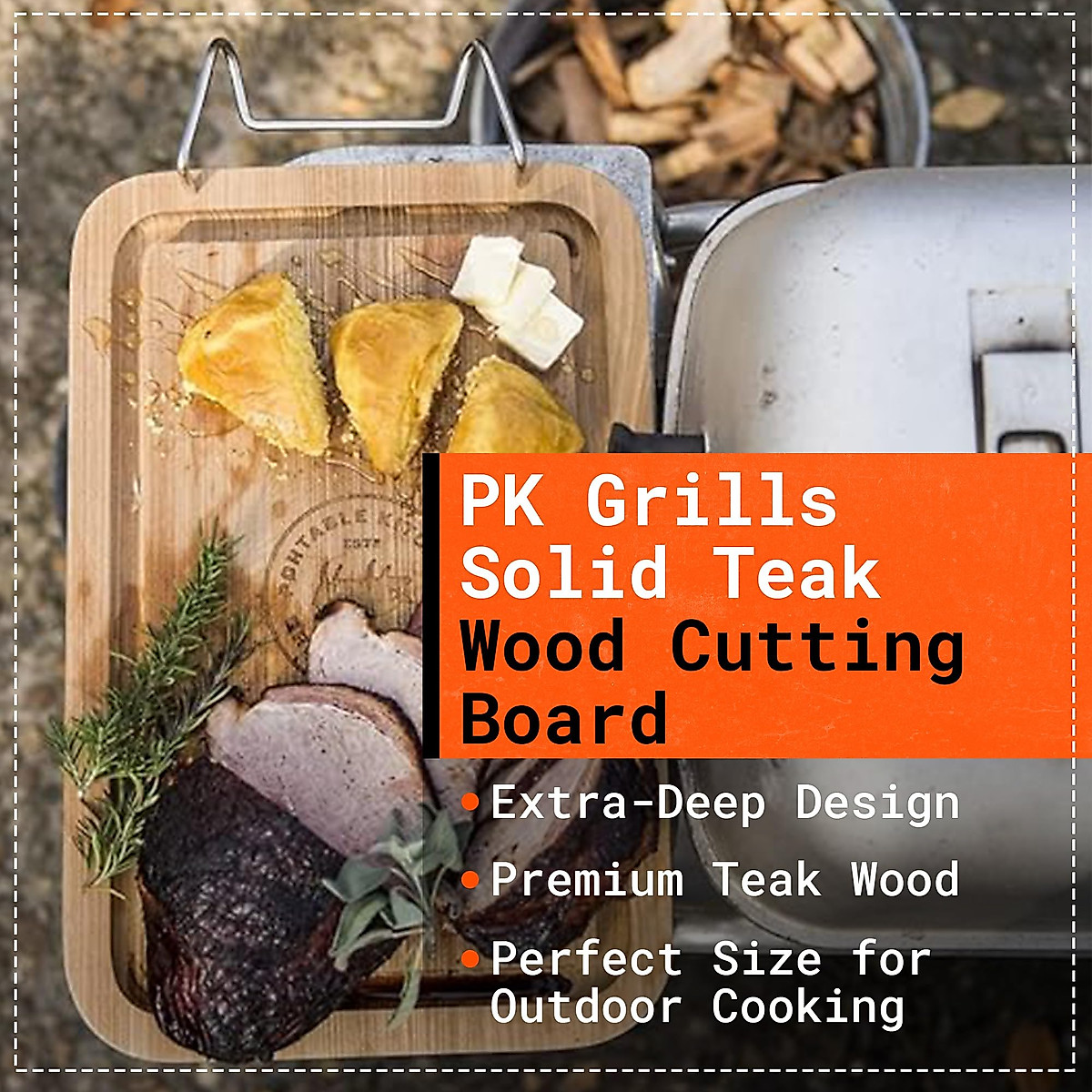 PK Grills Solid Teak Wood Cutting Board for Kitchen, Outdoor, Meat, BBQ, Food, Wooden Chopping Block with Stainless Steel Hanger, PKUA-CB-TW-X