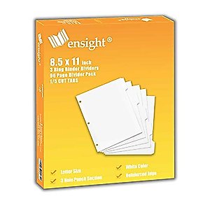 3 Ring Page Dividers Bulk, 1/5 Cut Tab Dividers, 100 Per Box - Divider Pages with Tabs, Decorative Printable Rewritable Divider Tabs, Exhibit Tab Dividers for 3 Ring Binders Bulk - Ensight