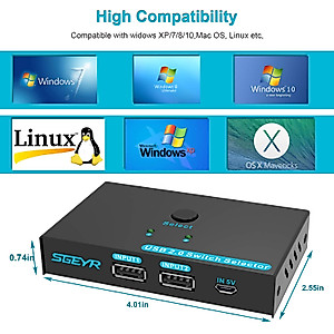 SGEYR Metal USB Switch 2 Computers Sharing 4 USB Devices USB 2.0 Switcher Box, USB Peripheral Switch Adapter, for Printer, Mouse, Scanner, PCs with One-Button Swapping and 2 Pack USB A to A Cable