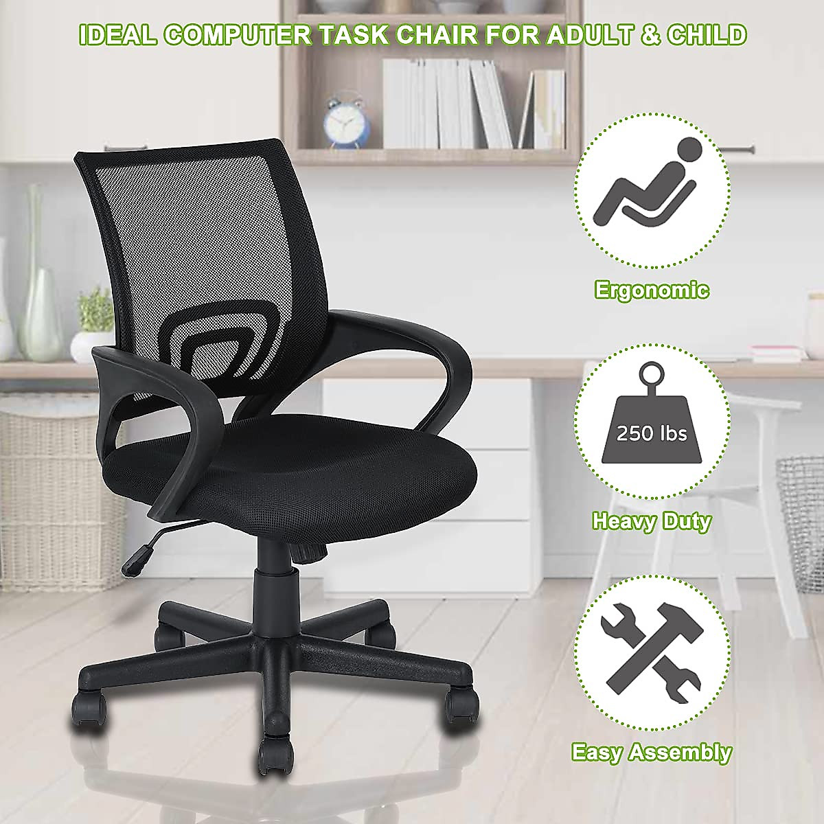 Geniqua Ergonomic Mid Back Support Mesh Computer Task Chair Adjustable Height Rolling Swivel for Work, Home Office, Black