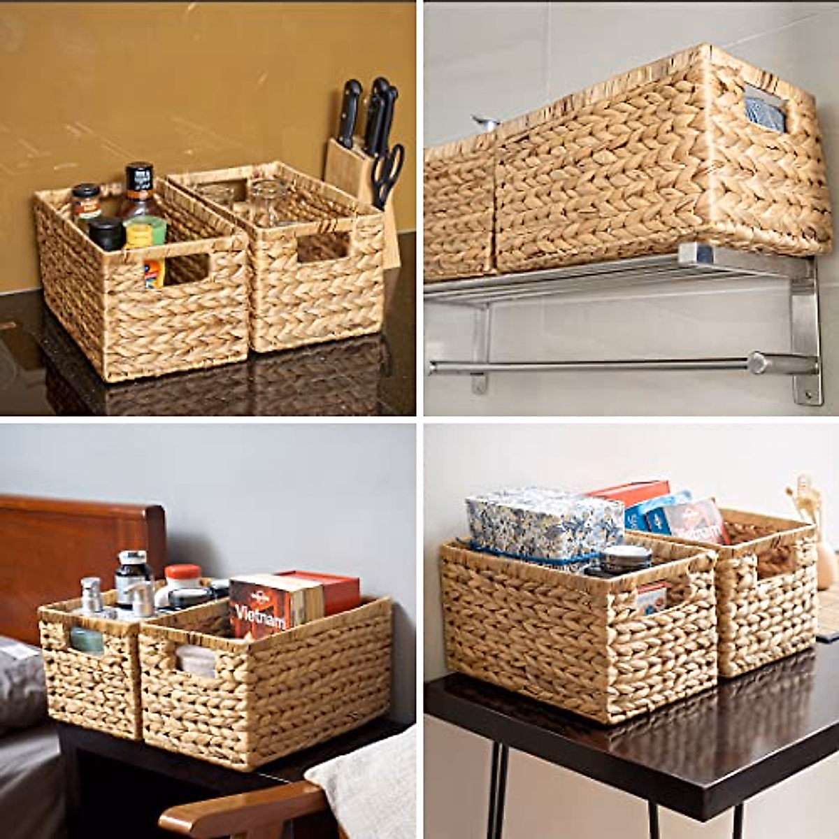 BARIEN Set of 6 Natural Water Hyacinth Storage Baskets 12.6” x 8” x 7”, Rectangular Wicker Basket with Built-in Handles, Medium (Natural - Set of 6)