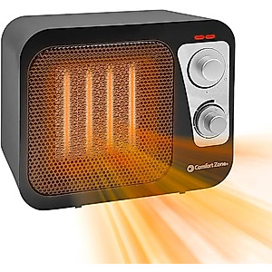 Comfort Zone Electric Retro Design Ceramic Space Heater, Adjustable Thermostat, 2 Heat Settings, Overheat Protection, Safety Tip-Over Switch, Portable for Home, Bedroom & Office Use, 1,500W, CZ470BKB