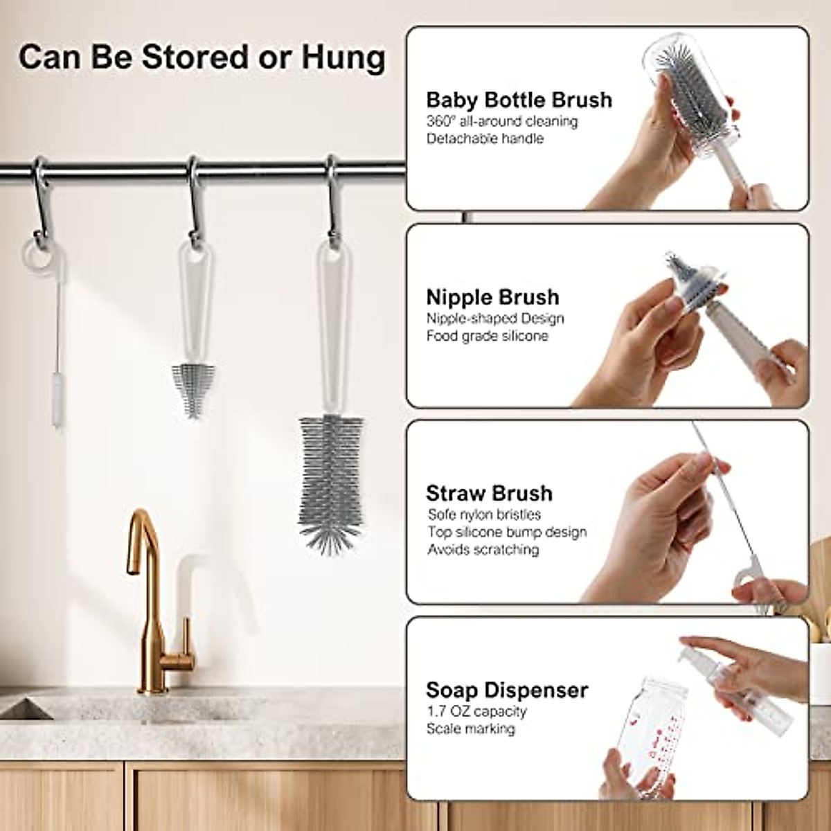 Baby Bottle Brush,6 in 1 Bottle Cleaner Brush Kit with Extendable Silicone Bottle Brush,Drying Rack,Nipple Brush,Straw Brush,Soap Dispenser & Organizer Case,Ideal Gifts for Babies& Moms-White