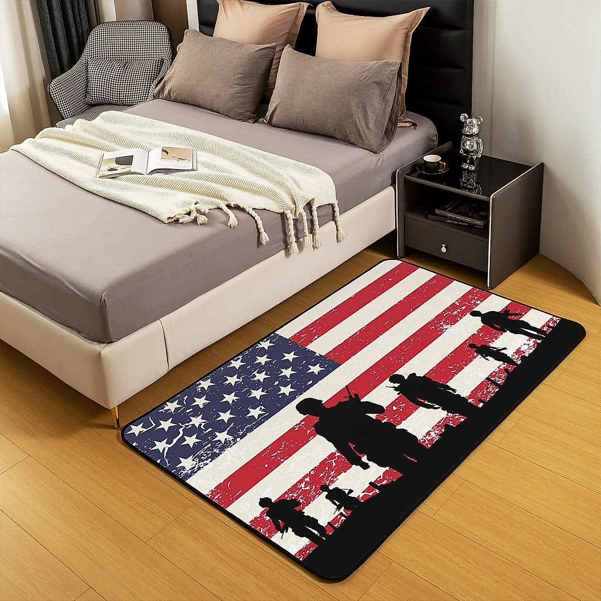 American Flag Area Rug 3x5 for Boys Kids Men Vintage White and Red Stars Stripes Rug,Soldier Silhouettes Carpet Exotic Retro USA National Flag Area Rugs for Living Room
