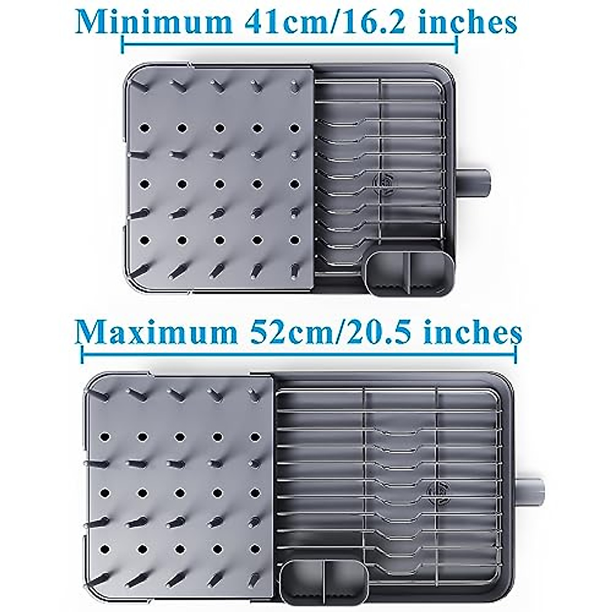 Dish Drying Rack - Expandable Dish Racks - Large Stainless Steel Dish Drainer for Kitchen Counter with Utensil Holder and Cup Holder, Grey