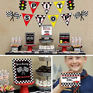 Race Car Bar Decorations Kit Racing Bar Signs Snack Tent Cards Pit Stop Banner for Race Car Birthday Party Decorations Let's Go Racing Theme Party Supplies