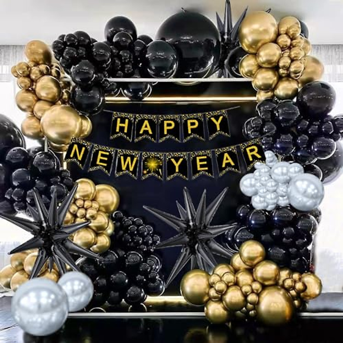 2024 Happy New Year Party Decorations,112PCS Black Gold Silver Balloon Garland Arch Kit,Banner,Foil Fringe Curtains For New Years Eve Birthday Party Supplies