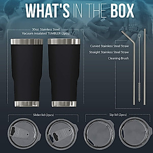 BluePeak Double Wall Vacuum Stainless Steel Insulated Tumblers Set, 2-Pack - Includes 2 Sipping Lids, 2 Spill-Proof Sliding Lids, 2 Straws, 1 Cleaning Brush & Gift Box (30 oz, Black)