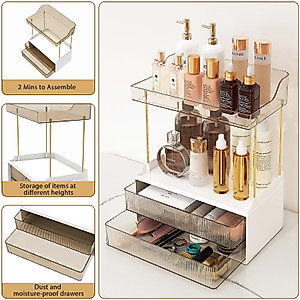 Webetop Bathroom Counter Organizer, Large Makeup Organizer Countertop, Multi-Purpose Vanity Organizer Countertop with 2 Drawers for Storage, Cosmetics, Perfume, Toiletry (Amber)