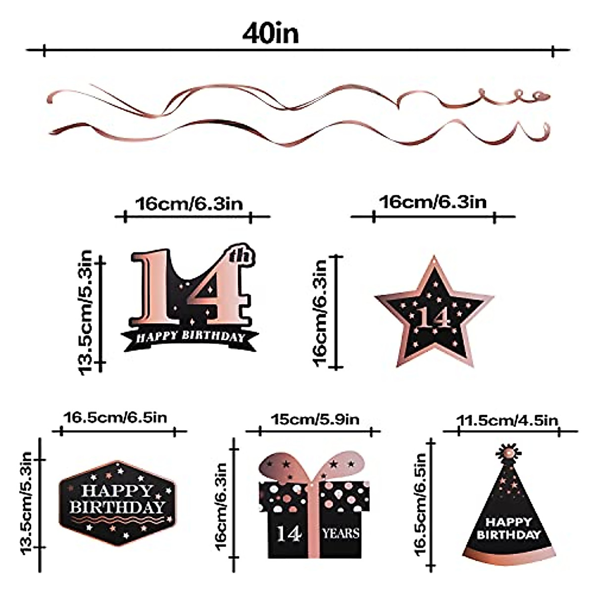 LINGTEER Happy 14th Birthday Rose Gold Swirls Streamers - Cheers to 14th Birthday Fourteen Years Old Bday Party Hanging Decorations.