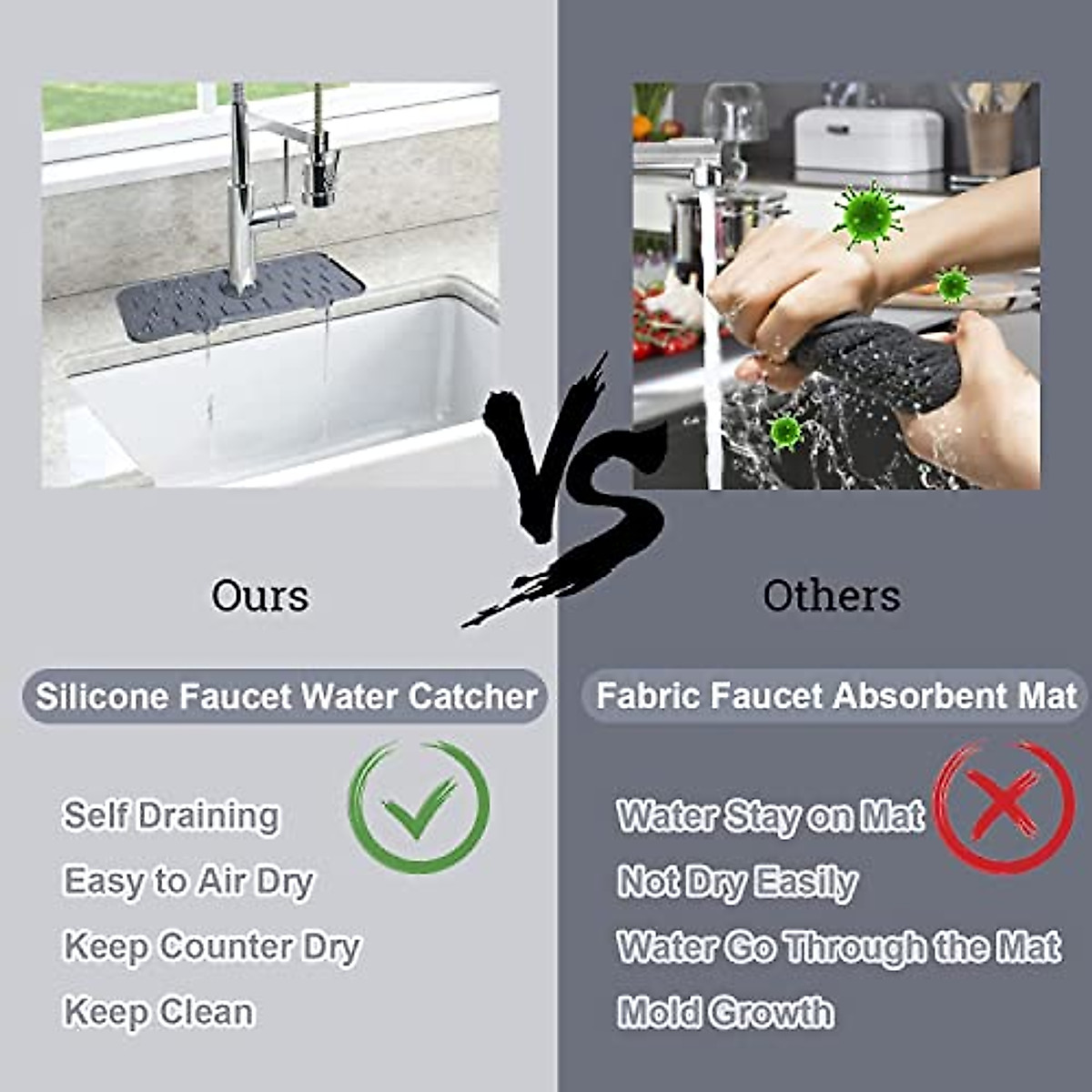 Kitchen Sink Splash Guard, Silicone Faucet Handle Drip Catcher Tray Mat, Sink Draining Pad Behind Faucet, Faucet Absorbent Mat, rying Mat for Kitchen Counter & Bathroom Kitchen Sink Splash Guard