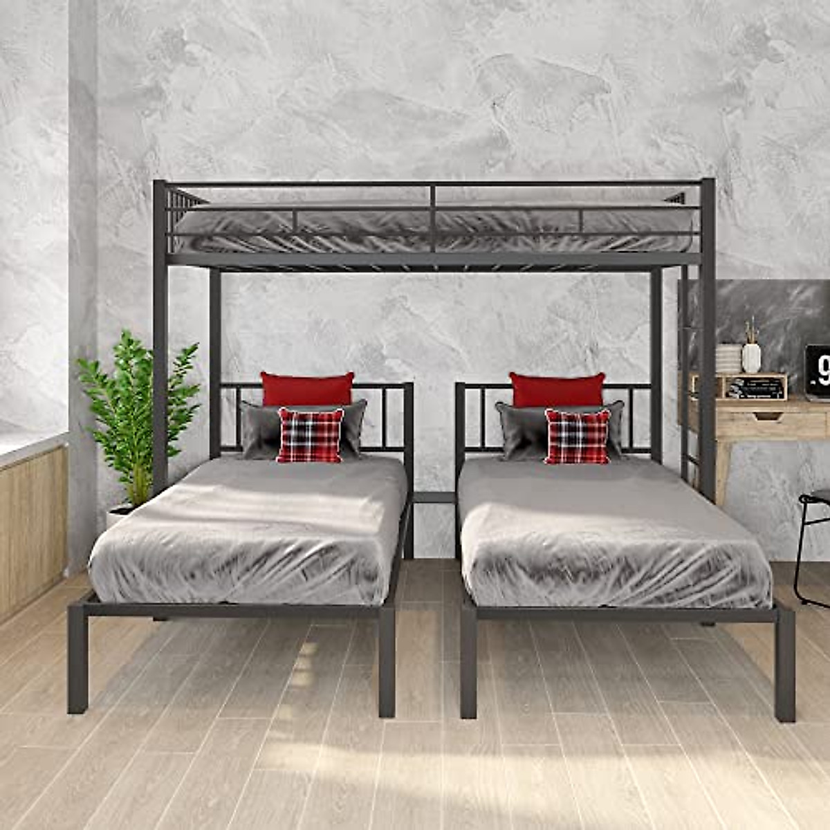 Eafurn Metal Triple Bunk Beds, Twin-Over-Twin & Twin Bunk Bed with Guardrails and Ladder, 3 in 1 L Shaped Detachable Bunk Bed for Family, Kids Teens Adults Boys Girls, No Box Spring Needed