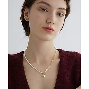 Cowlyn Love Heart Necklace Pendant 14K Gold Plated Paper Clip Chain Pearl Chain Vintage Charm Valentine Gift Women Jewelry