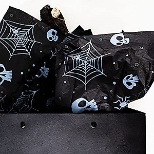 MR FIVE 60 Sheets Black Halloween Tissue Paper Bulk,20"x 14",Halloween Skull Tissue Paper for Gift Bags,Black with White Skull Spider Web Pattern Tissue Paper,Black Tissue Paper for Halloween Party