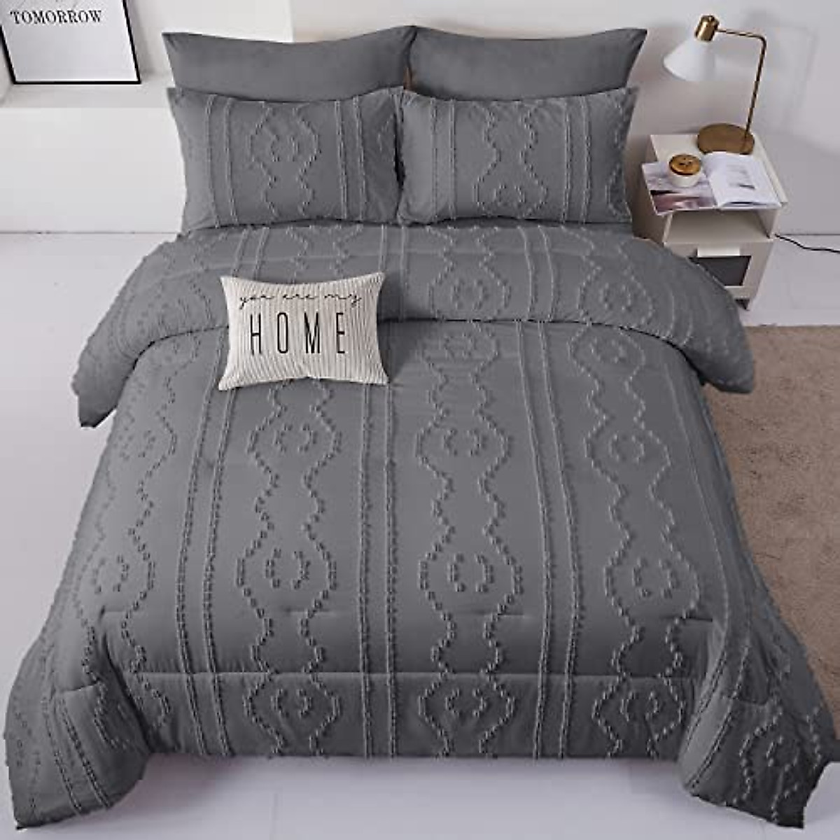 Luxudecor Dark Grey Boho Comforter Set Queen Size 7 Piece Bed in a Bag, Tufted Shabby Chic Comforter, Elegant Embroidery Bedding Set for All Season (Dark Grey, 90''x90'')