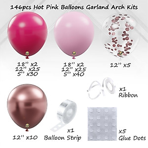 AFTERLOON® Biodegradable Balloons 146pcs Hot Pink Metallic Confetti Different Sizes 18" 12" 10" 5" Balloon Garland Arch Kit perfect for Birthday Party Decorations, Baby Shower, Wedding and Anniversary