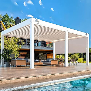 MELLCOM 12×16 FT Aluminum Louvered Pergola with 6-Panel Pull-Down Privacy Screen, Hardtop Rainproof Pergola with Adjustable Roof for Patio, Lawn & Garden, White