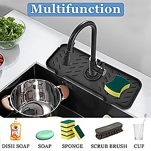 Silicone Faucet Mat for Kitchen, Sink Splash Guard, Sink Draining Pad Behind Faucet, Kitchen Sink Accessories, Faucet Absorbent Mat, Bathroom Faucet Water Catcher Mat (Black (14.6" x 5.6"))