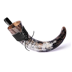 Norse Tradesman 20" Authentic Ox-Horn Viking Drinking Horn with Genuine Black Leather Belt Holster | Burlap Gift Sack Included | The Journeyman, Low-Polish, 20-Inch
