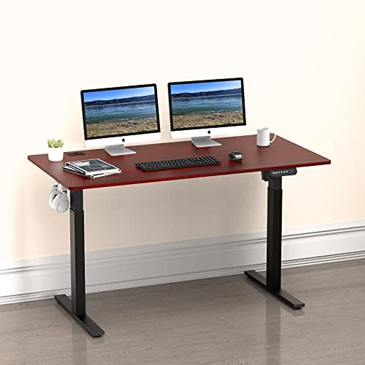 SHW 55-Inch Large Electric Height Adjustable Standing Desk, 55 x 28 Inches, Cherry