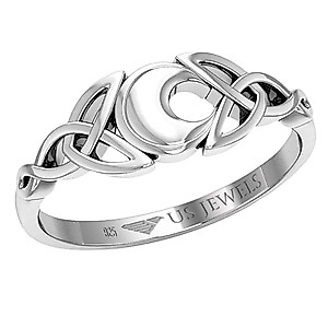 US Jewels Ladies 925 Sterling Silver Trinity Knot & Crescent Moon Ring, Size 4.5