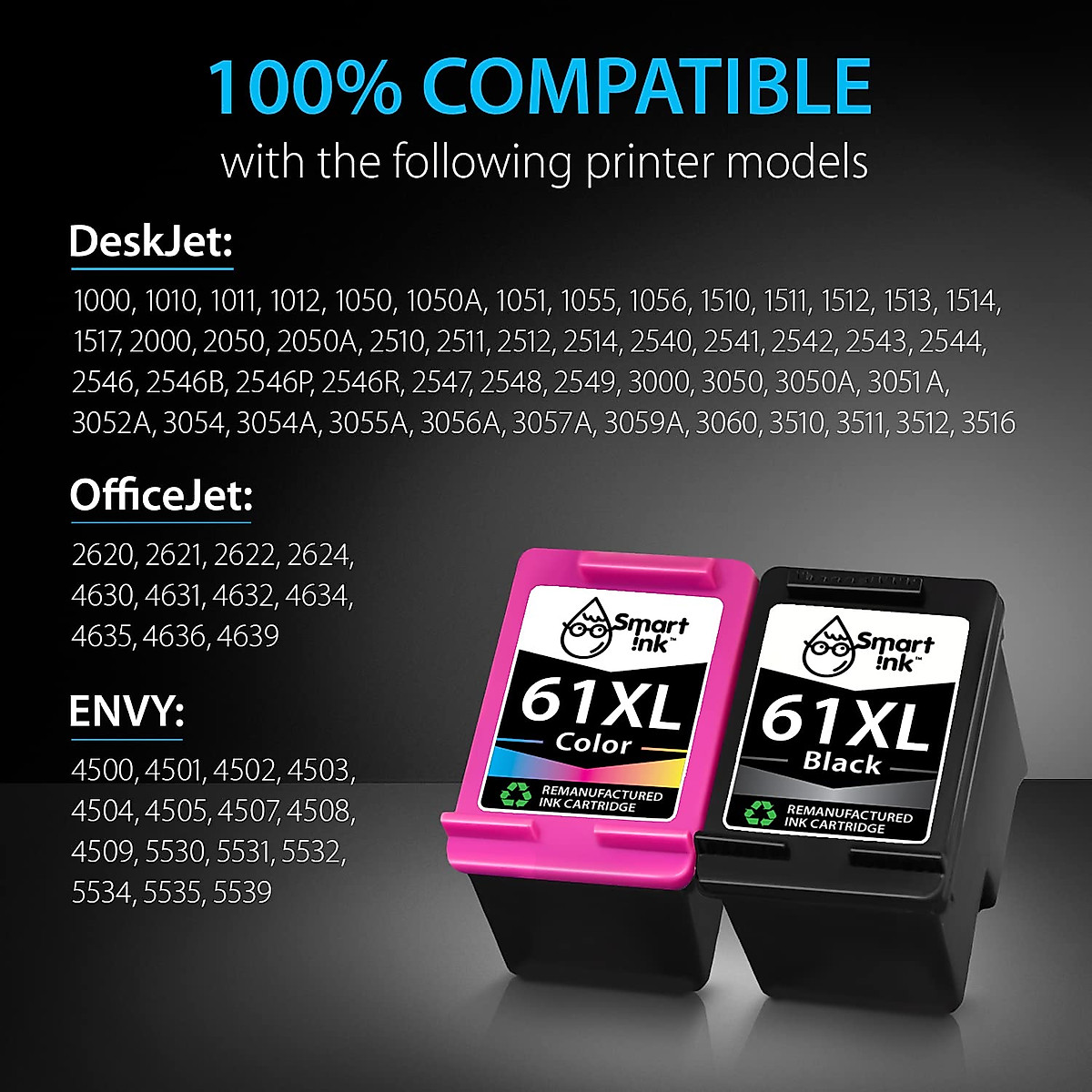 Smart Ink Remanufactured Ink Cartridge Replacement for HP 61 XL 61XL Combo Pack (Black & Tri-Color) to use with HP Envy 4500 4502 5530 OfficeJet 4630 DeskJet 3510 3050 2548 2540 1510 1010 1000