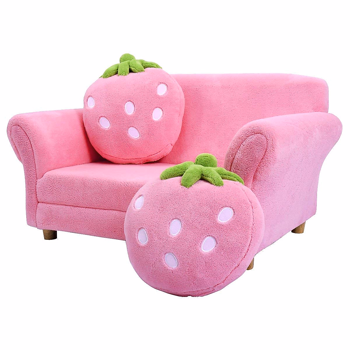 Costzon Kids Couch, Double Seat Pink Children's Sofa with 2 Strawberry Pillows, Toddler Armrest Chair for Bedroom, Living Room, Large Soft for Kids Loveseat Toy for Baby Girls Preschool Gifts Presents