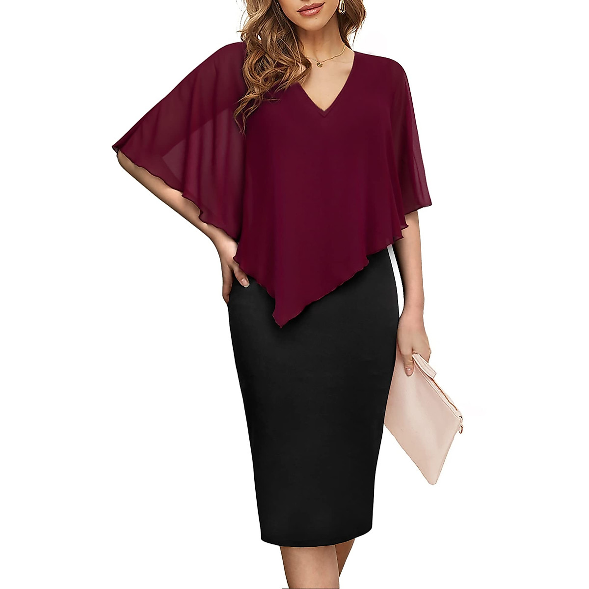 Bodhi talk Women's Solid Color Tank Dress Floral Chiffon Fake Two Pieces Dress Sleeveless Sheath Cape Dresses Dark Red X-Large